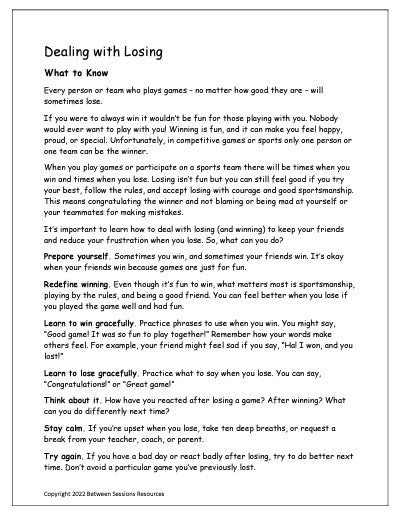 Dealing with Losing Worksheet (teens) – The Counseling Store