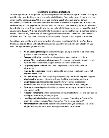 Identifying Cognitive Distortions Worksheet – The Counseling Store