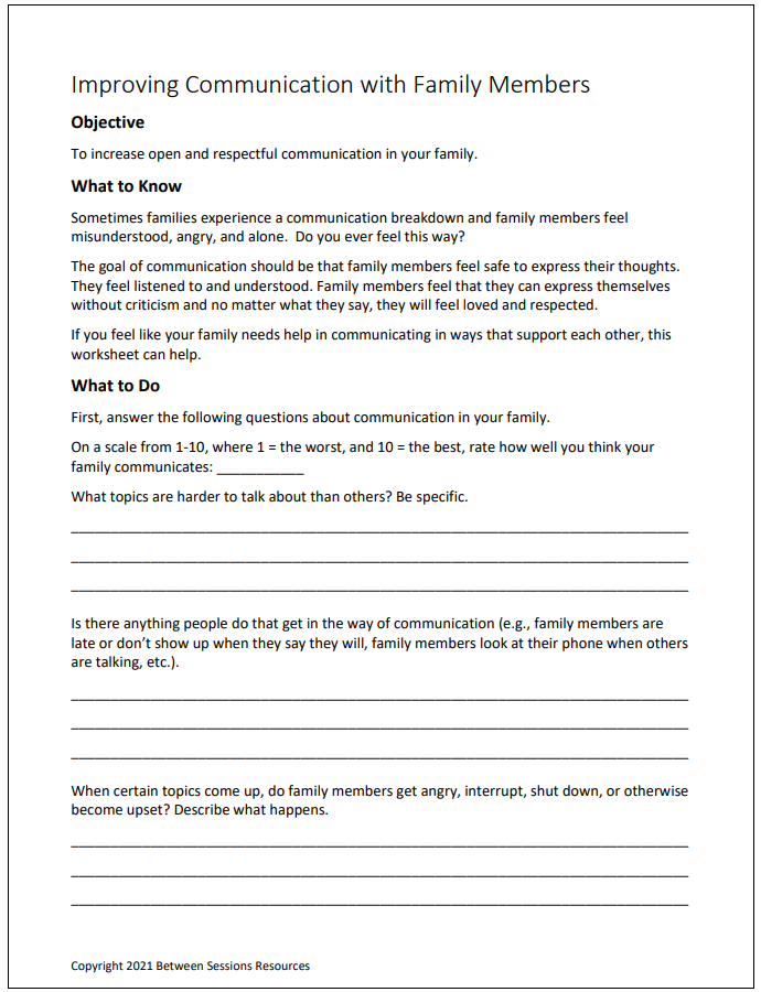 Improving Communication with Family Members Worksheet – The Counseling ...