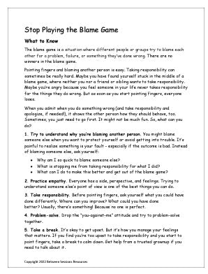 Stop Playing the Blame Game Worksheet (teens) – The Counseling Store